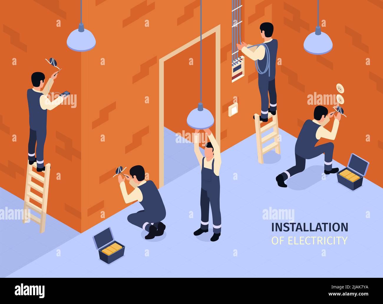 Group of technicians in uniform installing electrical equipment in ...