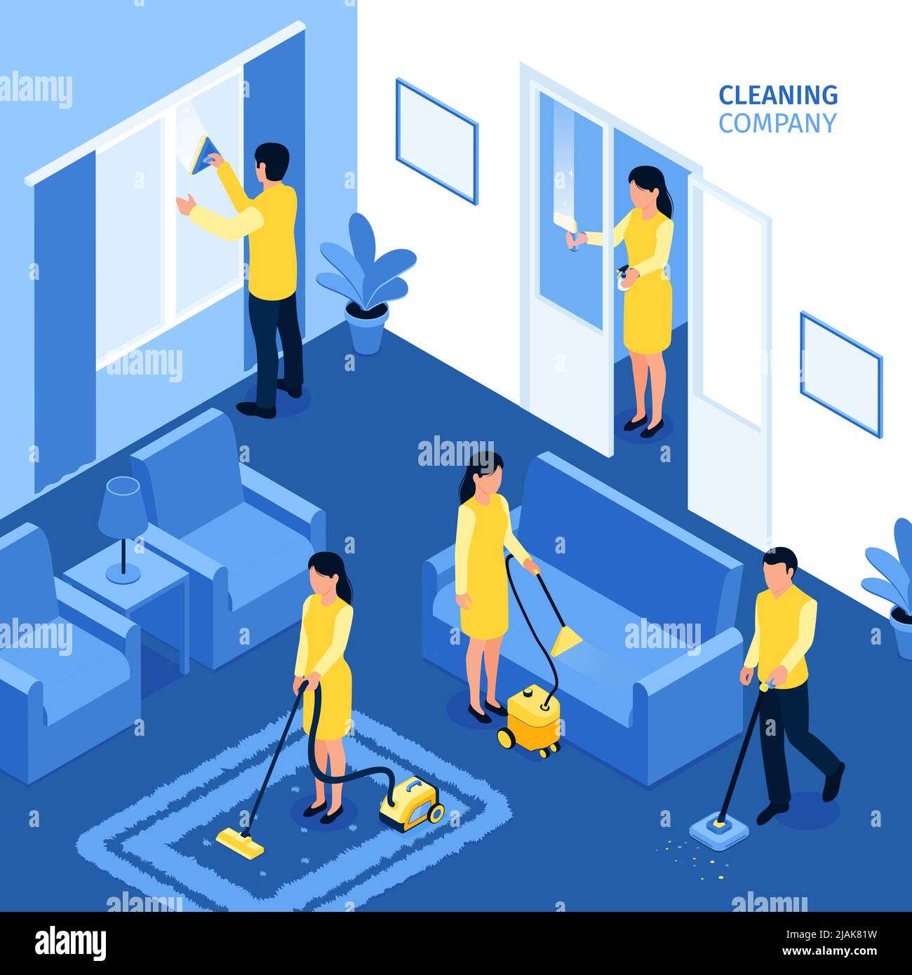 Cleaning company isometric background with team of employees in uniform ...