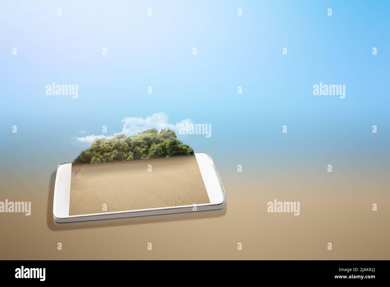 Mobile phone screen with sandy beach on blue background Stock Photo - Alamy