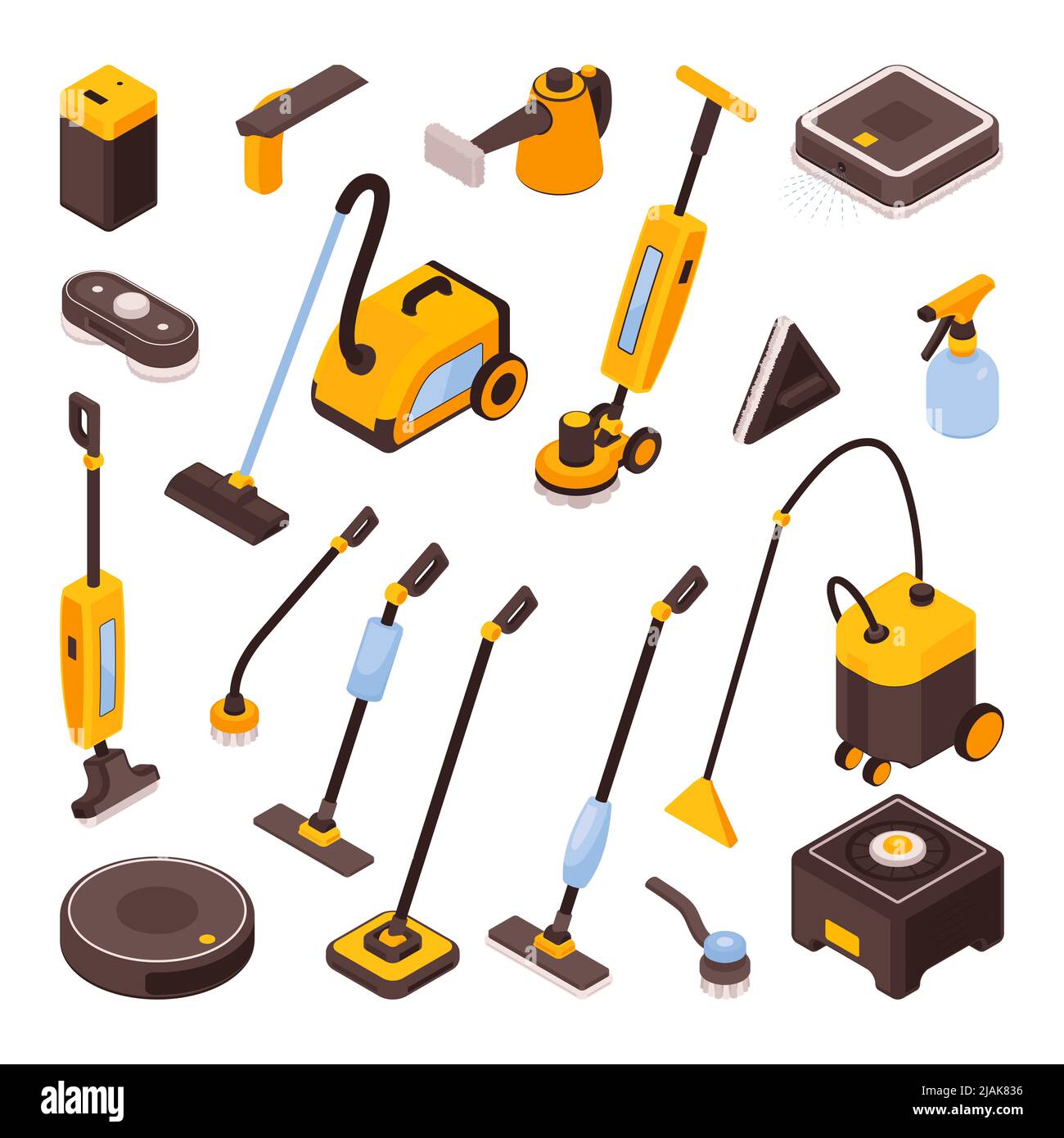 Isometric set of various cleaning gadgets with mops and robotic vacuum ...
