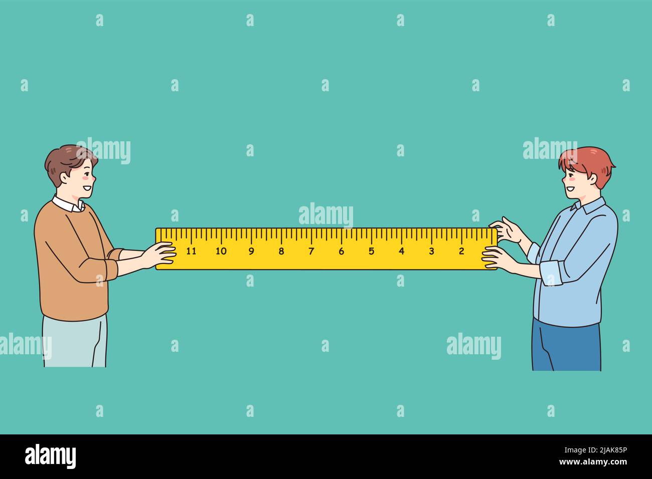 Smiling men holding ruler work on repairing project together. Male ...