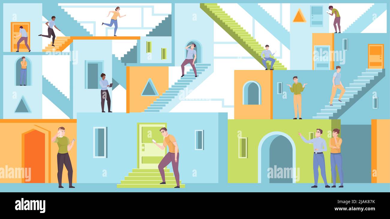 People walking inside maze with doors windows stairs and colorful walls ...