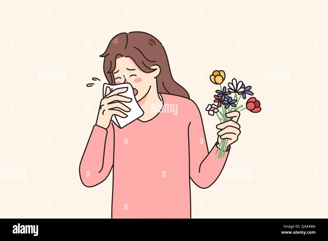Sick young woman sneeze having allergy to flowers. Unhealthy girl hold ...