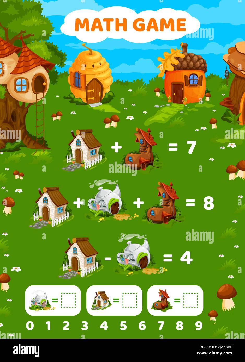 Cartoon fairytale houses on math game worksheet. Education maze with ...