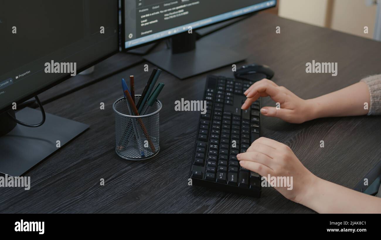 Closeup Of Caucasian Programer Hands Typing Machine Learning Code On