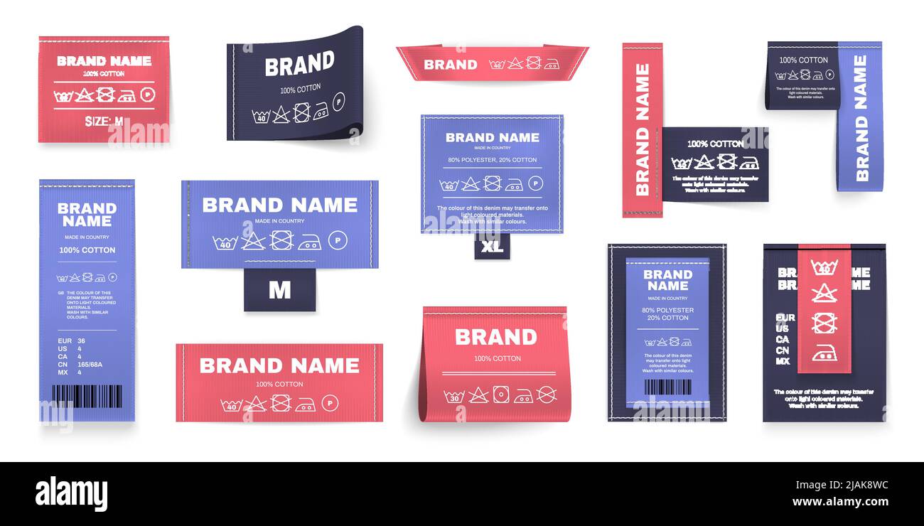 Laundry labels colored realistic set with brand name symbols isolated ...