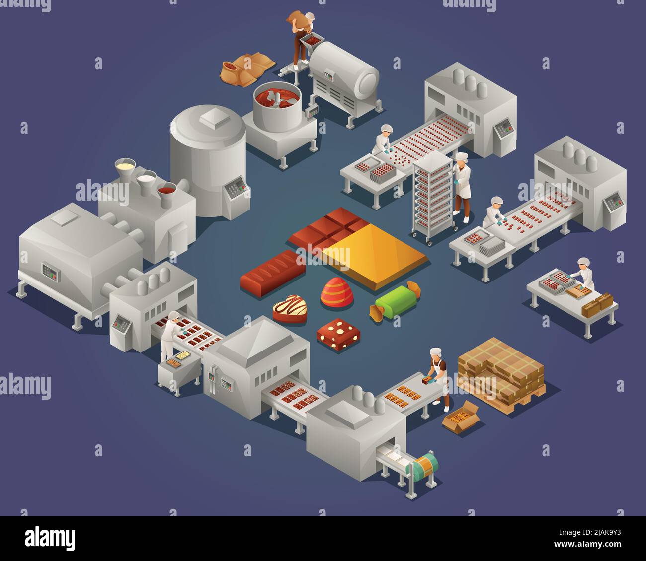 Chocolate production isometric background with female workers making ...