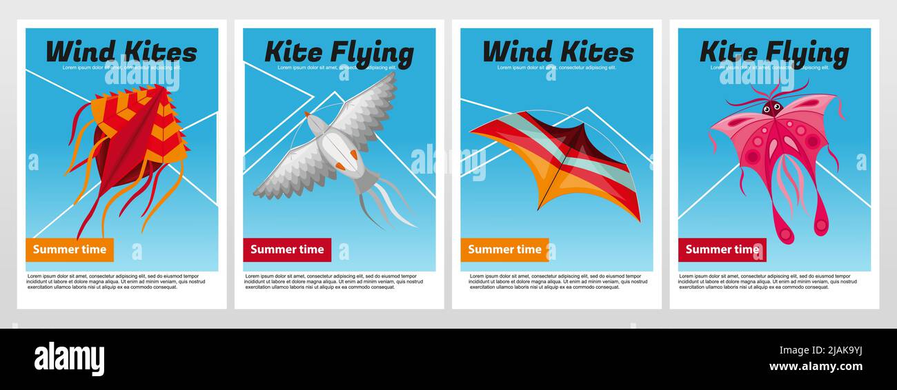 Wind kites poster set with four isolated vertical compositions of ...