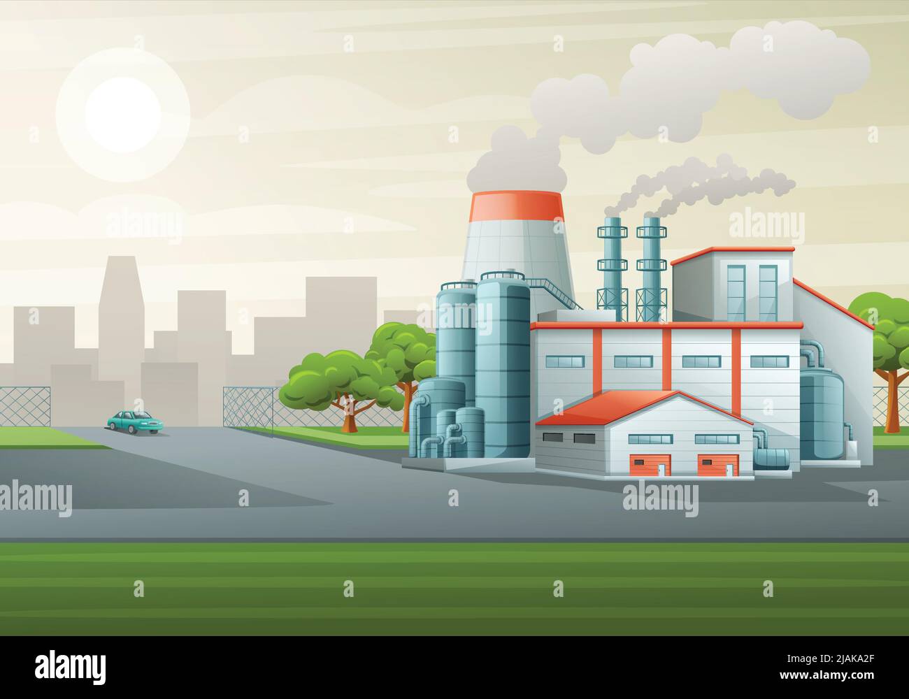 City landscape flat background with thermal power plant releasing ...