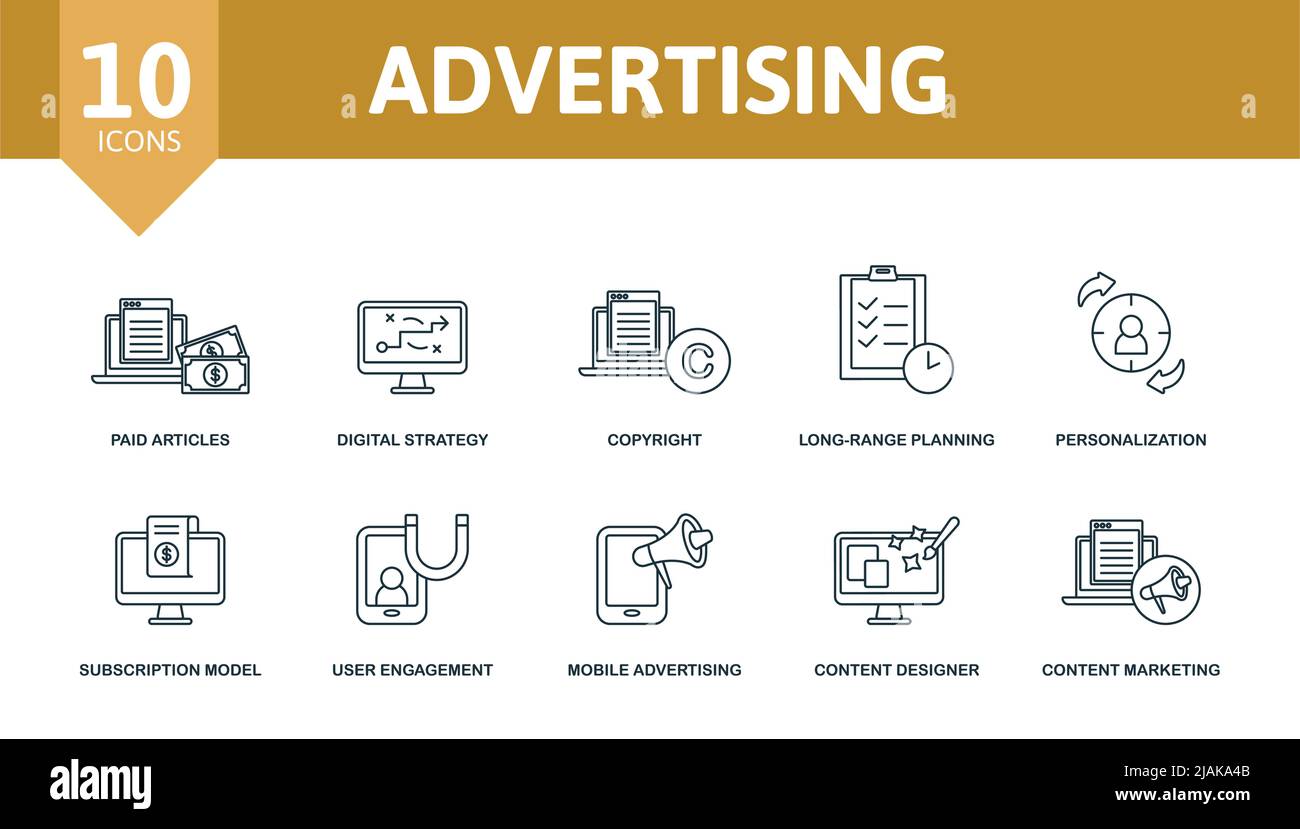 Advertising set icon. Editable icons advertising theme such as paid ...