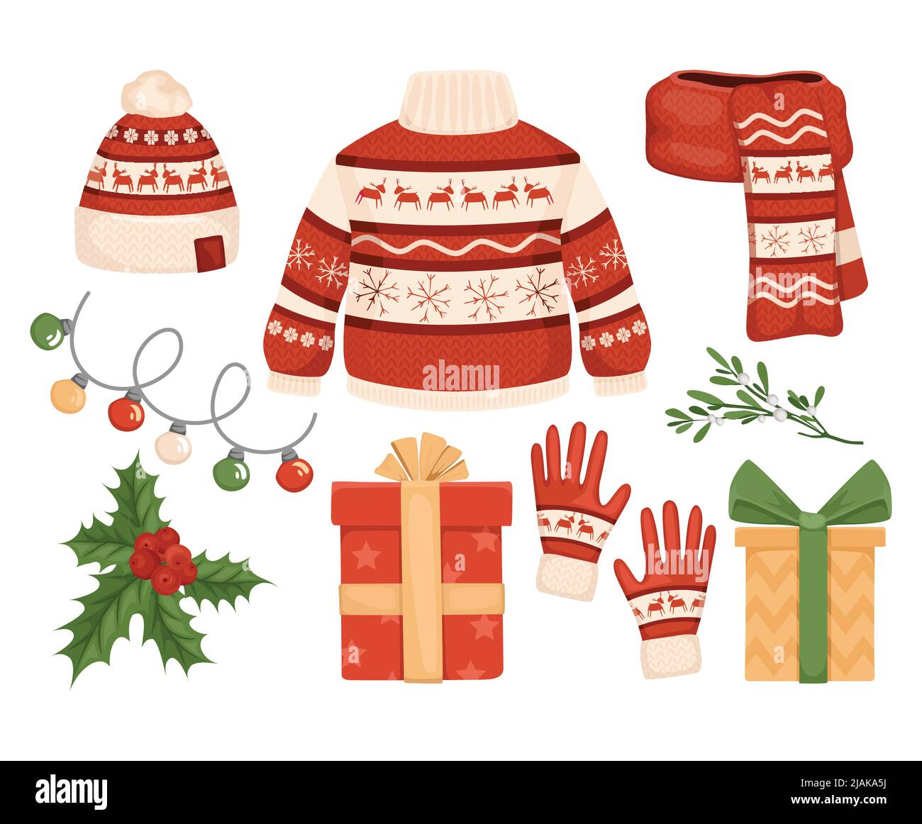 Handmade christmas sweaters set with isolated icons of new year festive ...