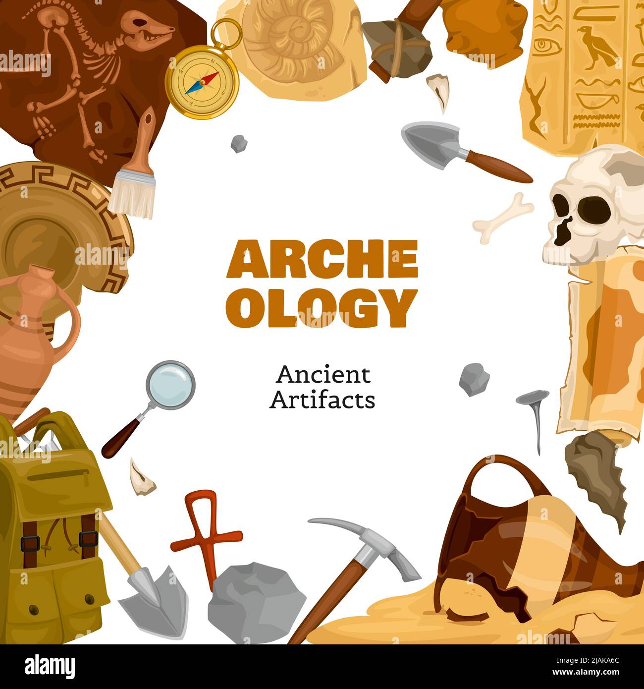 Archeology ancient artifacts frame with composition of ornate text ...