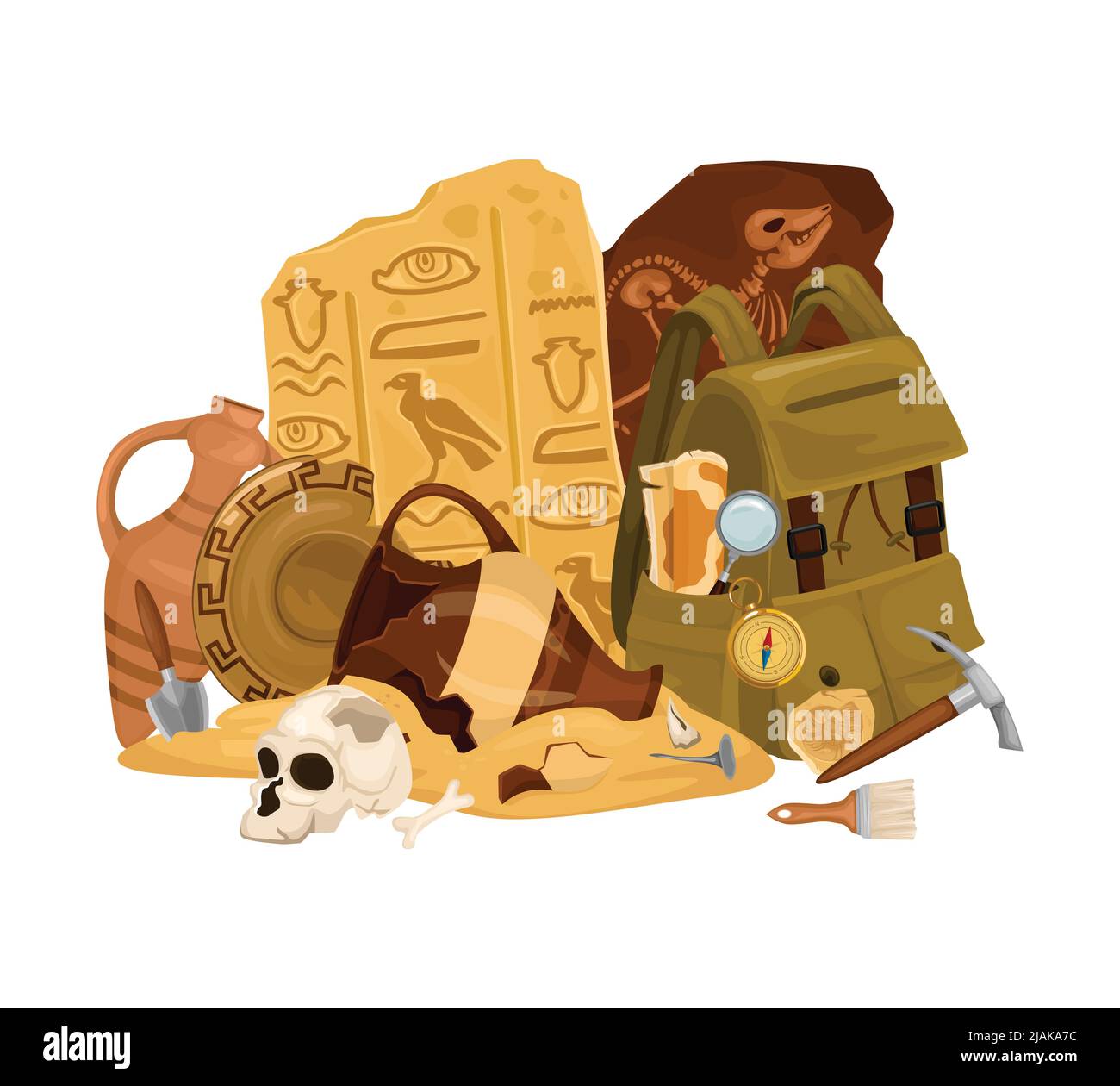 Archeology ancient artifacts composition with isolated image of pile ...