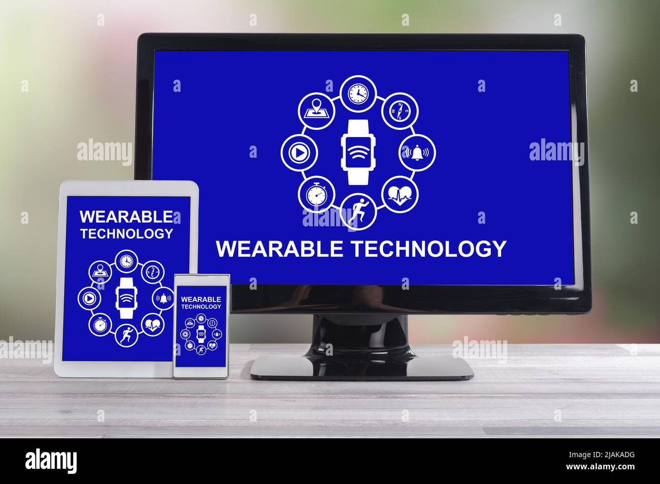 Wearable technology concept shown on different information technology ...