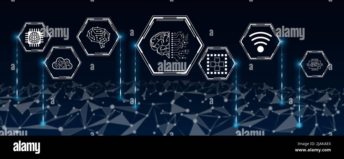 Concept of digital disruption with icons in hexagons connected to ...