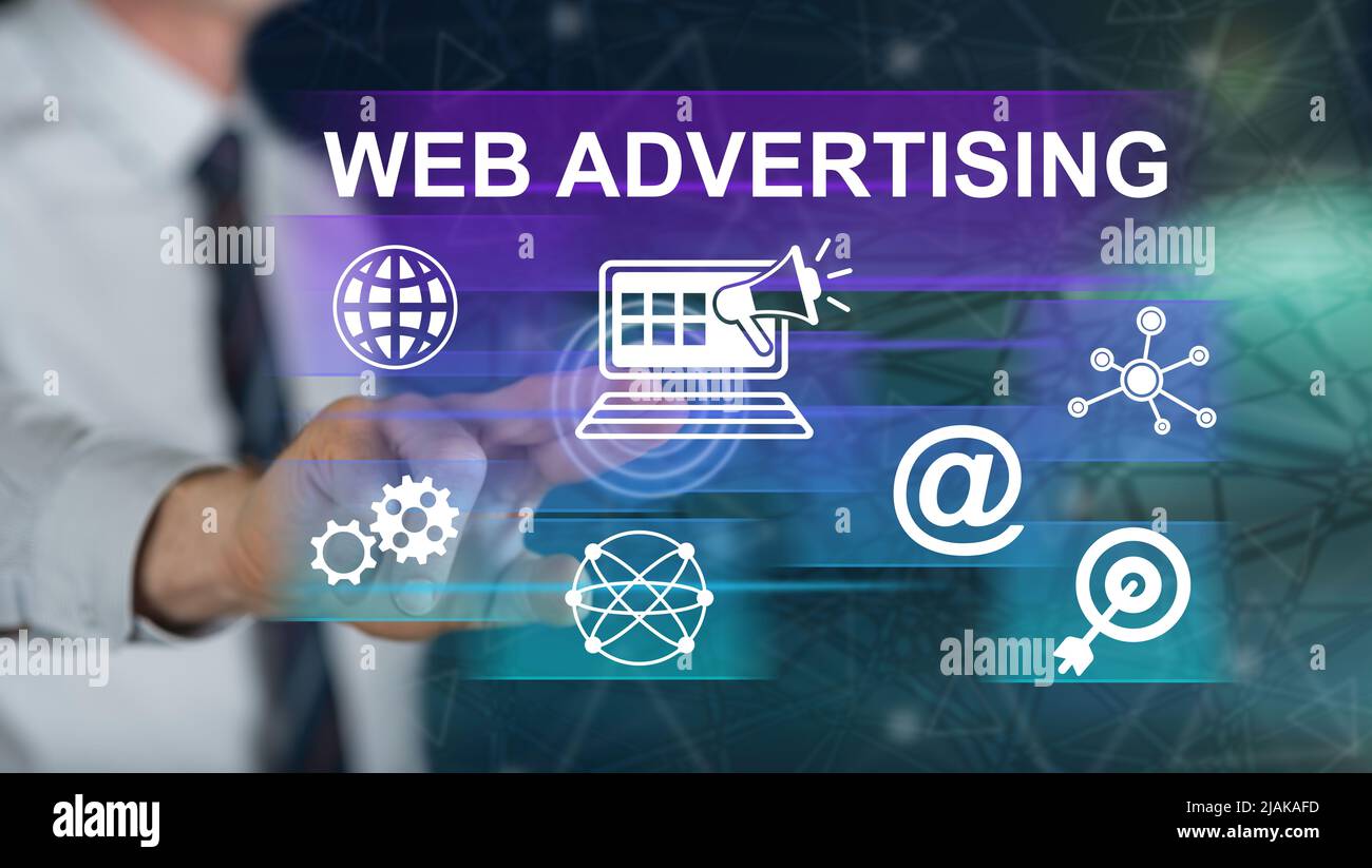 Man touching a web advertising concept on a touch screen with his ...