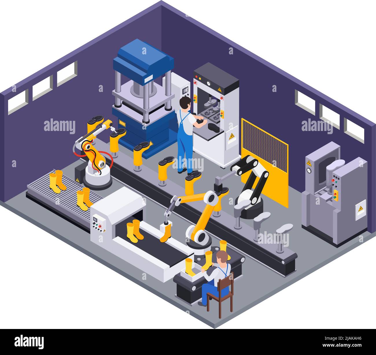 Rubber production isometric composition with indoor factory view people ...