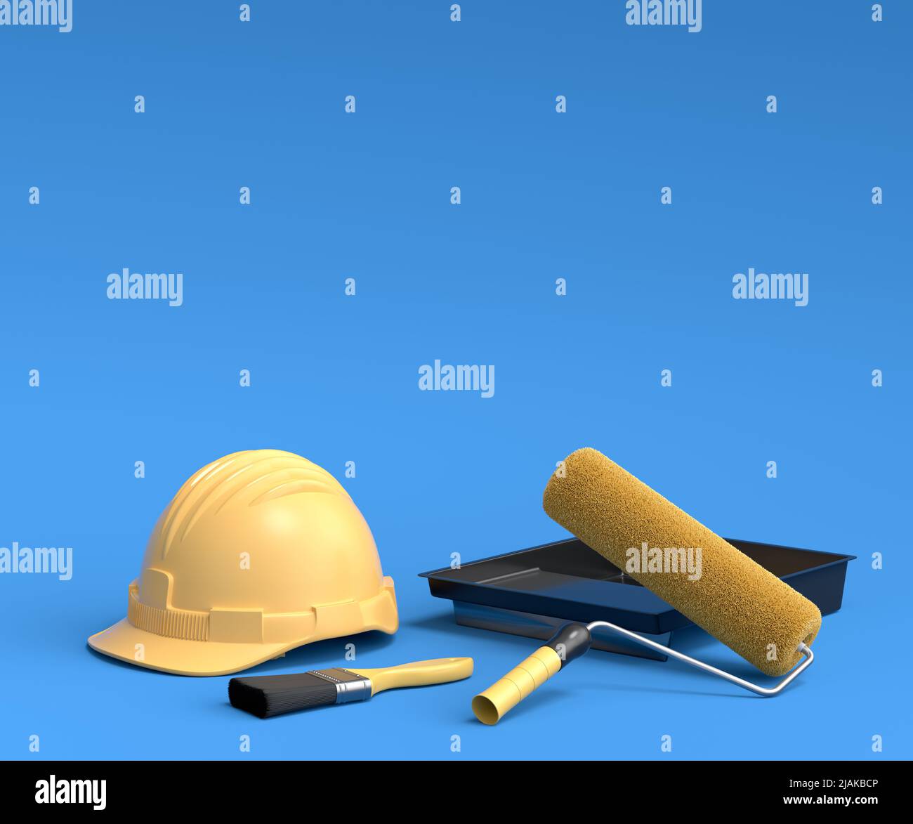 Set of safety helmet, spray with paint rollers and brushes for painting ...