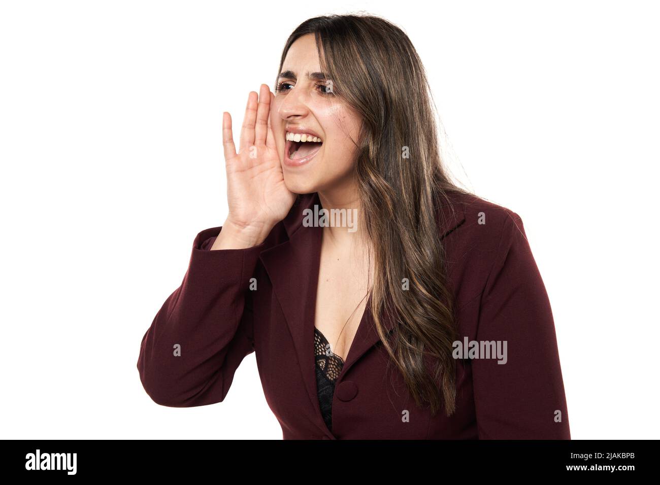 Indian businesswoman shouting, isolated on white background Stock Photo ...