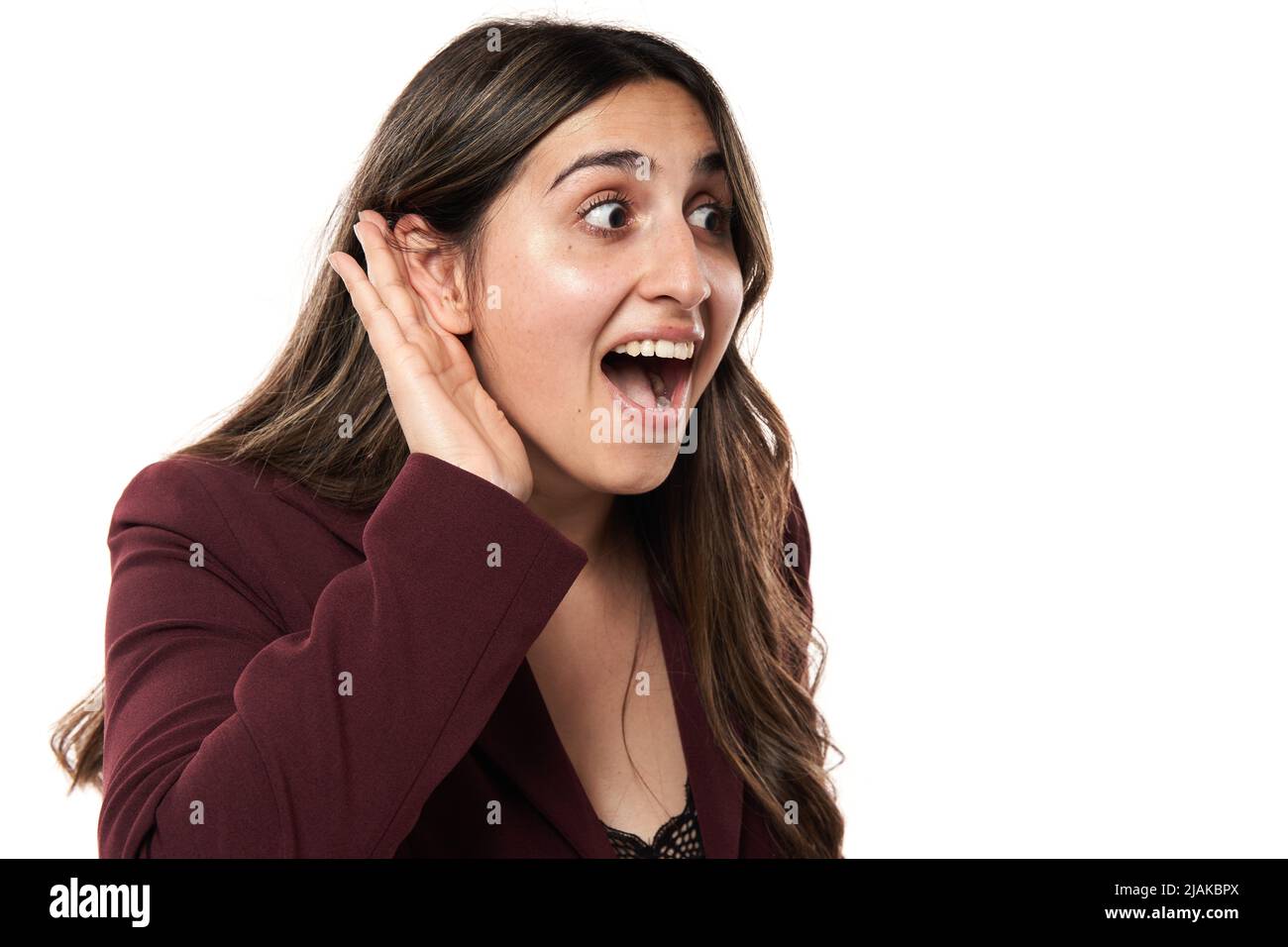 Indian businesswoman gossiping secrets, isolated on white background ...