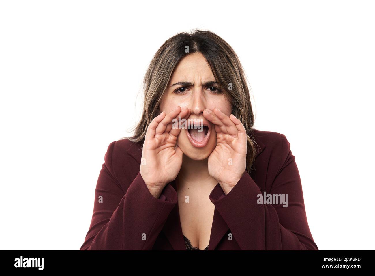 Indian businesswoman shouting, isolated on white background Stock Photo ...
