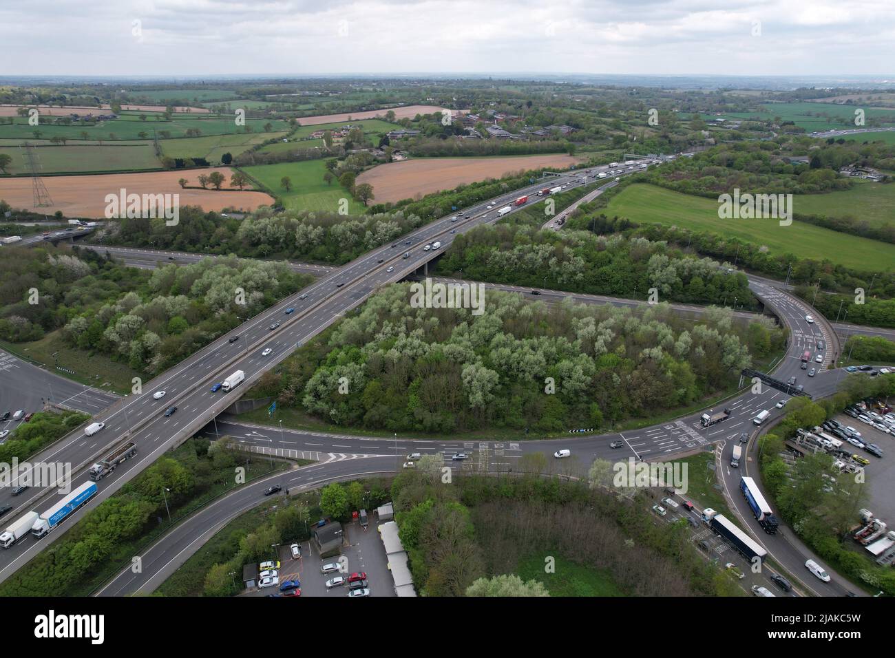 junction of the M25 motorway with the A1 road UK drone aerial view ...