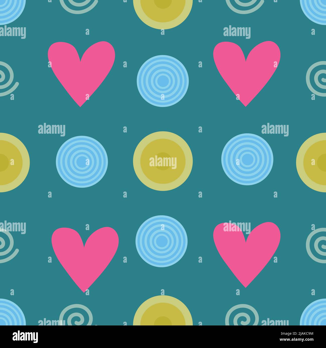 Heart shapes and circles seamless pattern on dark green background ...
