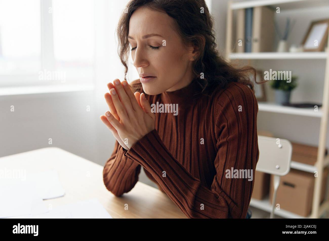 Suffering after shocked news about family crying upset sad curly ...