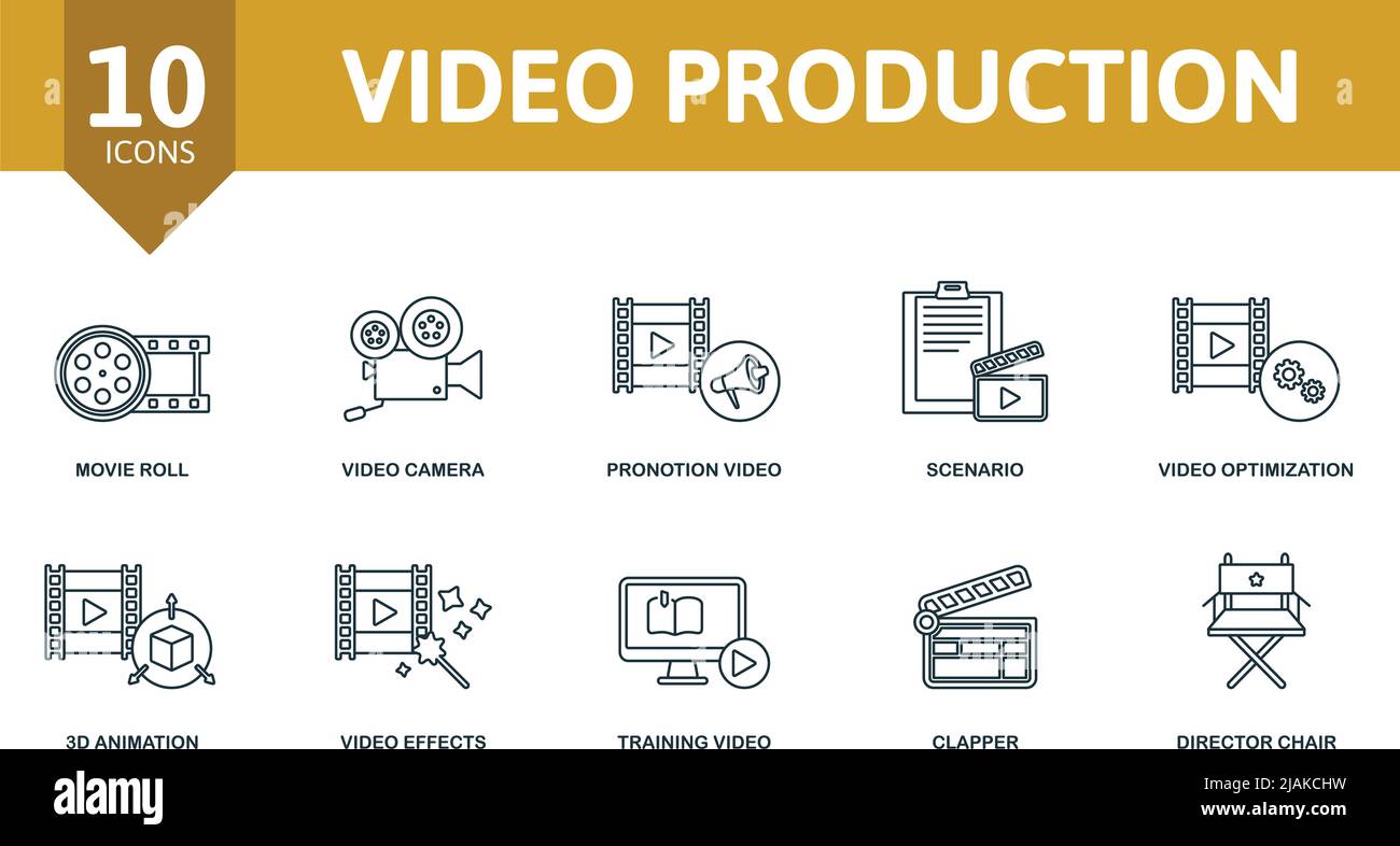Video Production set icon. Contains video production illustrations such ...