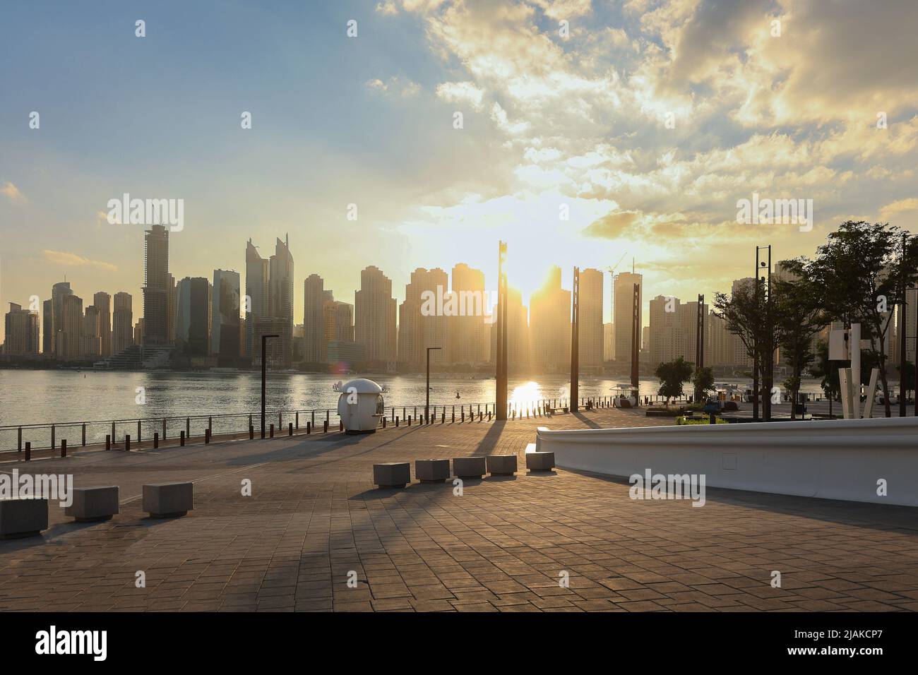Panoramic view of Business Bay district with reflection in sea in ...