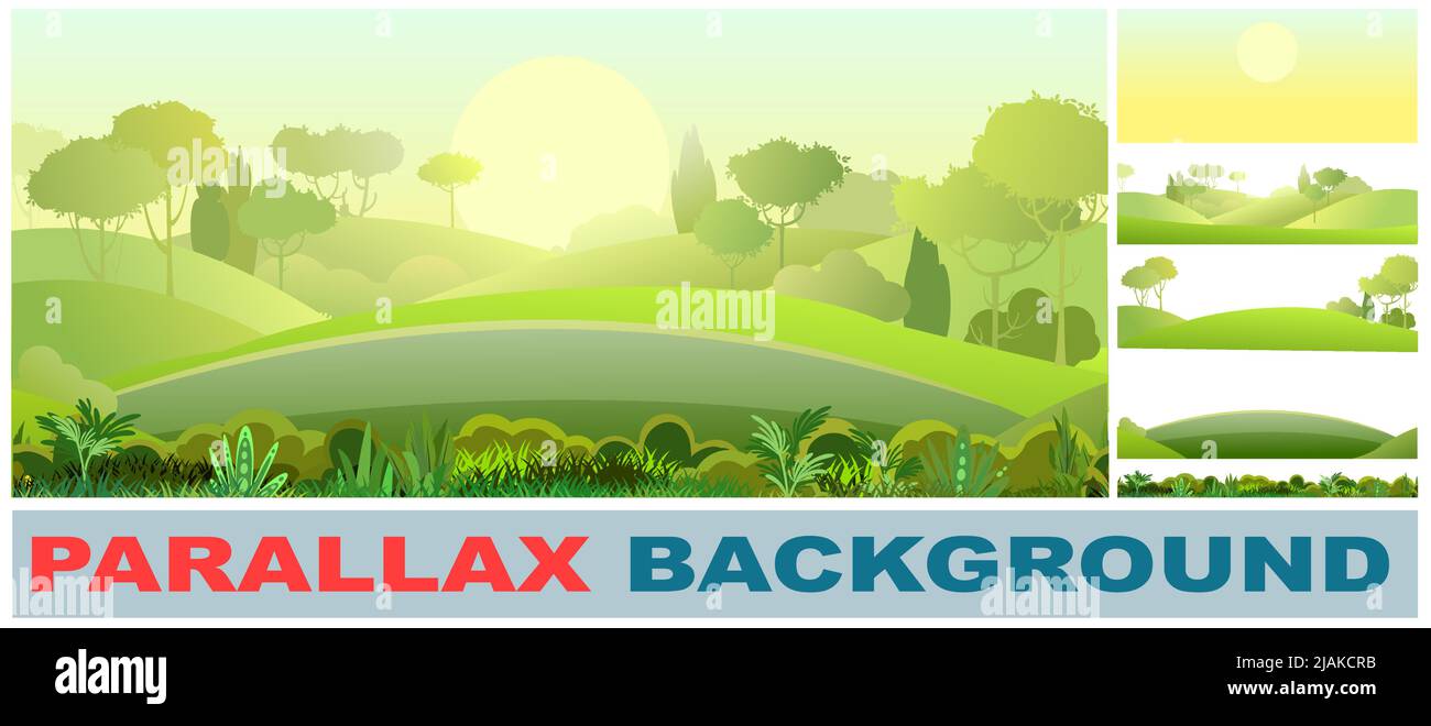 Rural beautiful landscape. Cartoon style. Set parallax effect. Sunset ...