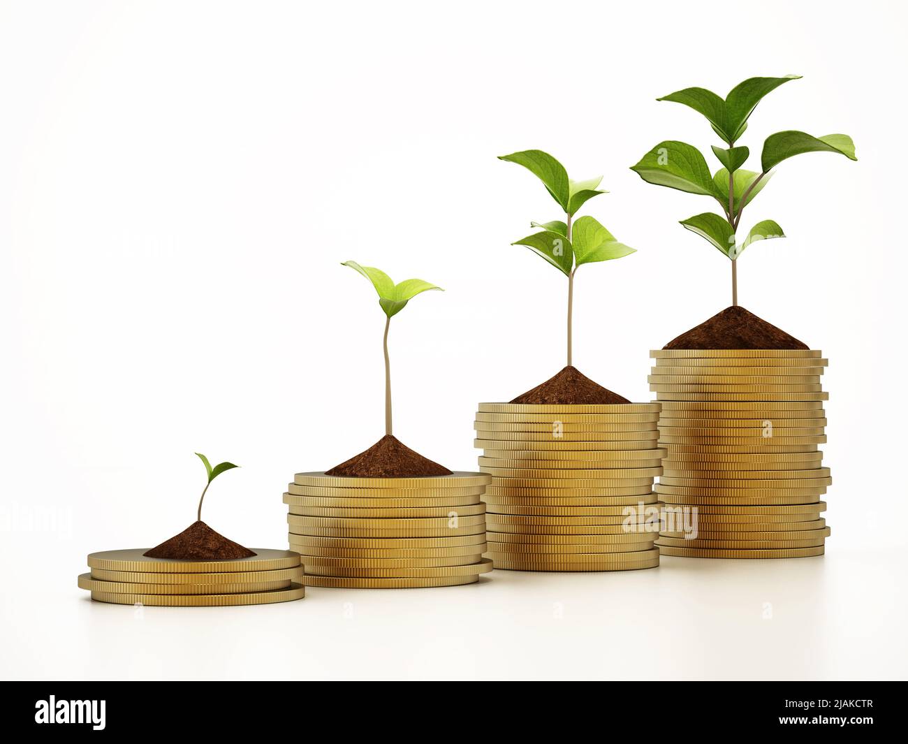 Green sprouts on rising gold coin stacks. 3D illustration Stock Photo ...