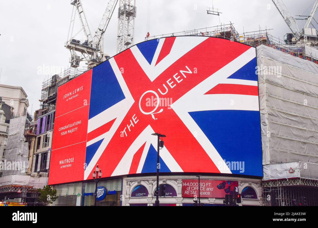 London, UK. 30th May 2022. A Union Jack with a celebration of The Queen ...