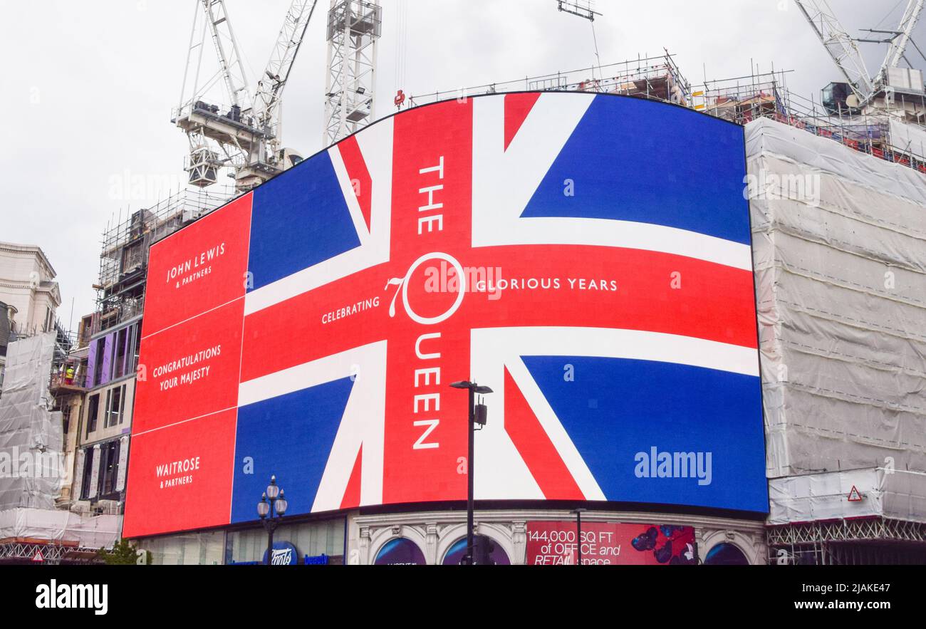 London, UK. 30th May 2022. A Union Jack with a celebration of The Queen ...