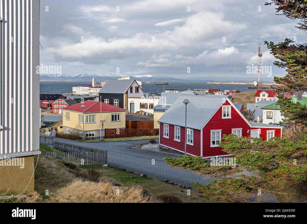 Stykkisholmur, Iceland, May 3, 2022: street scene with colorful houses ...