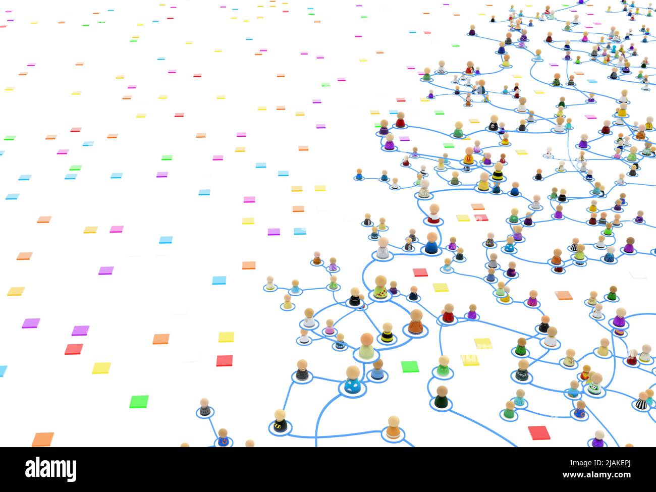 Crowd of small symbolic 3d figures linked by lines, complex layered ...
