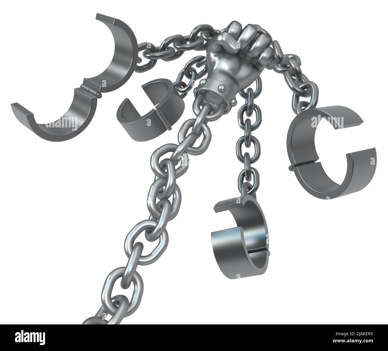 Shackles chain punched grey metal 3d illustration, isolated, horizontal ...
