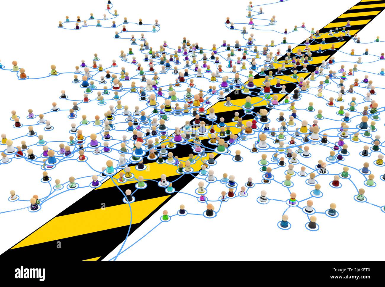 Crowd of small symbolic 3d figures linked by lines, complex layered ...