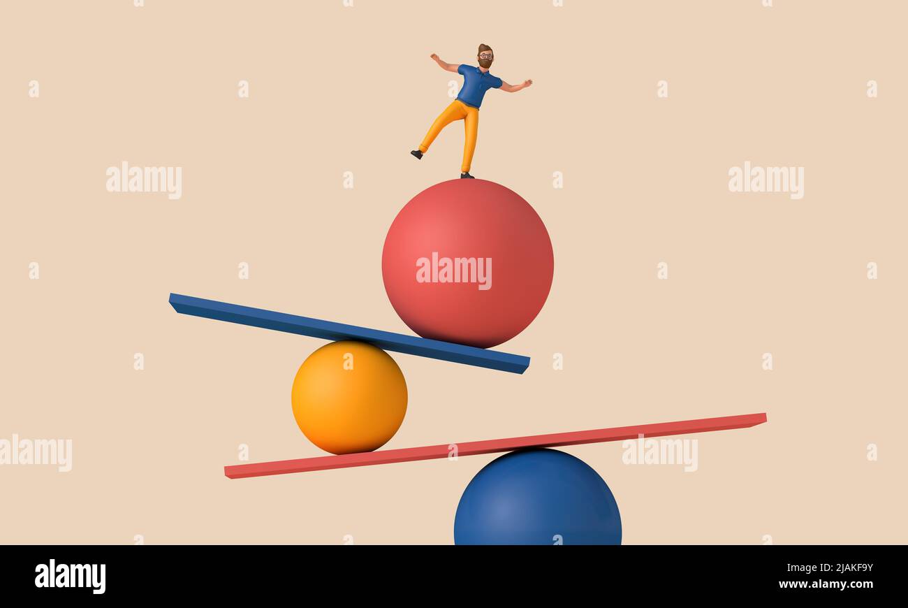 A male character balancing on unstable shapes. 3D Rendering Stock Photo ...