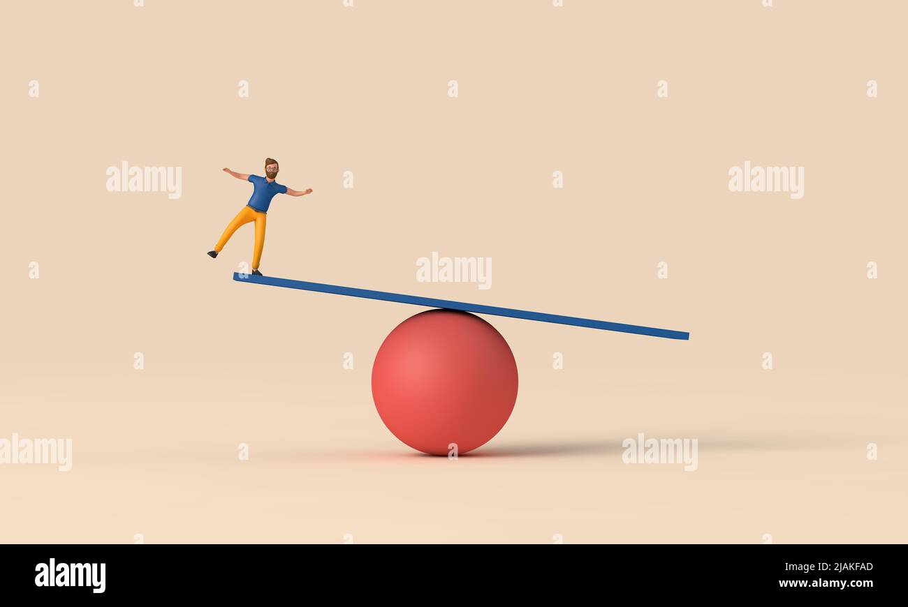 A male character balancing on unstable shapes. 3D Rendering Stock Photo ...