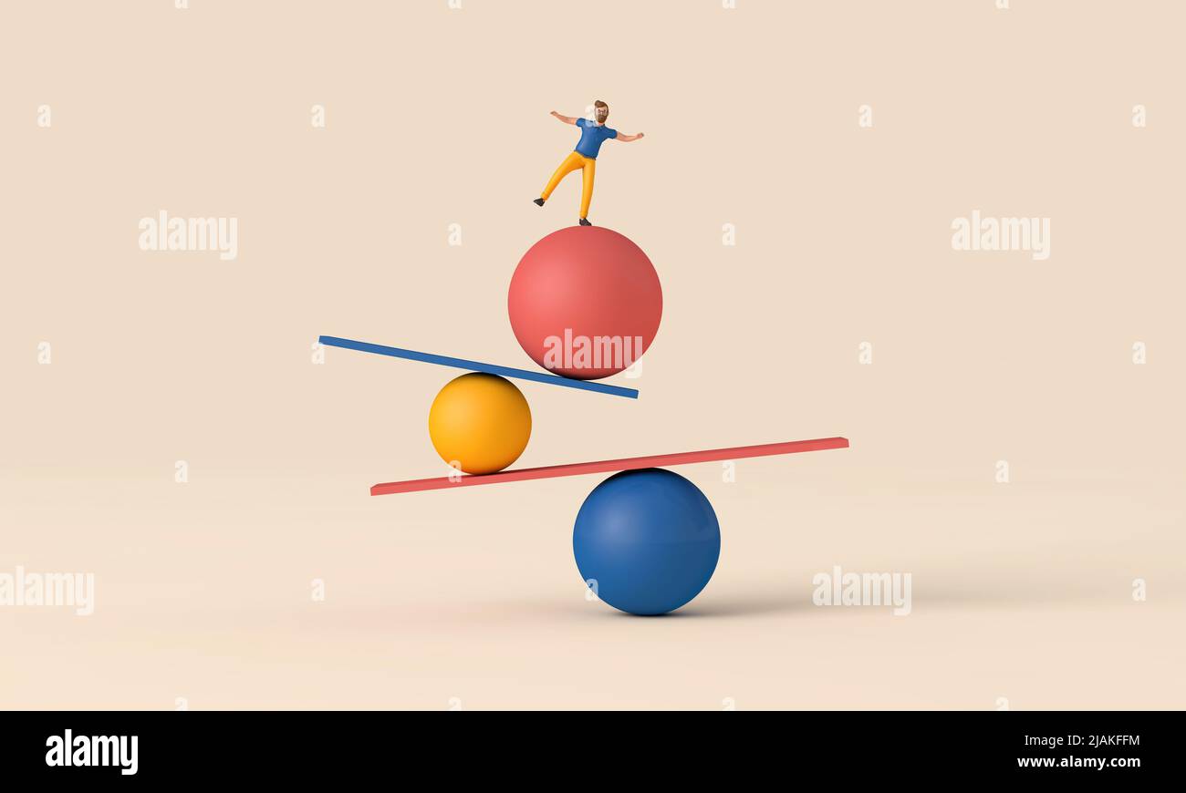 A male character balancing on unstable shapes. 3D Rendering Stock Photo ...