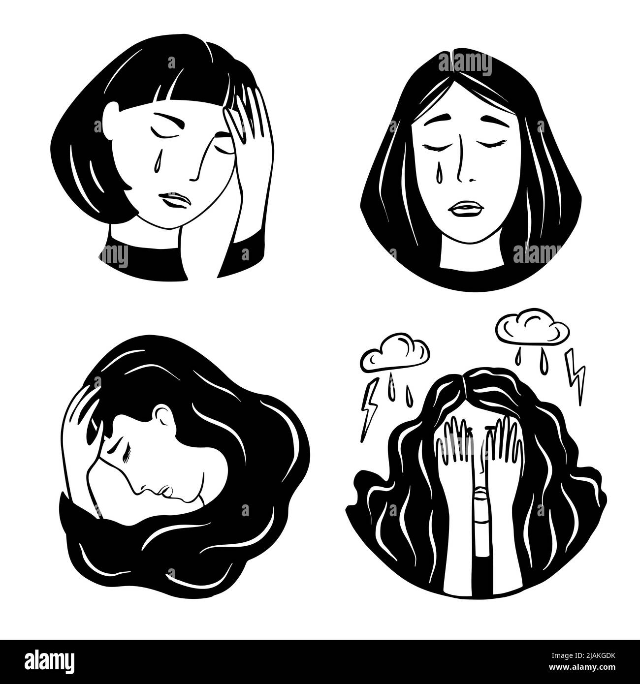 Set of illustrations of women crying, feeling unhappy, depressed ...