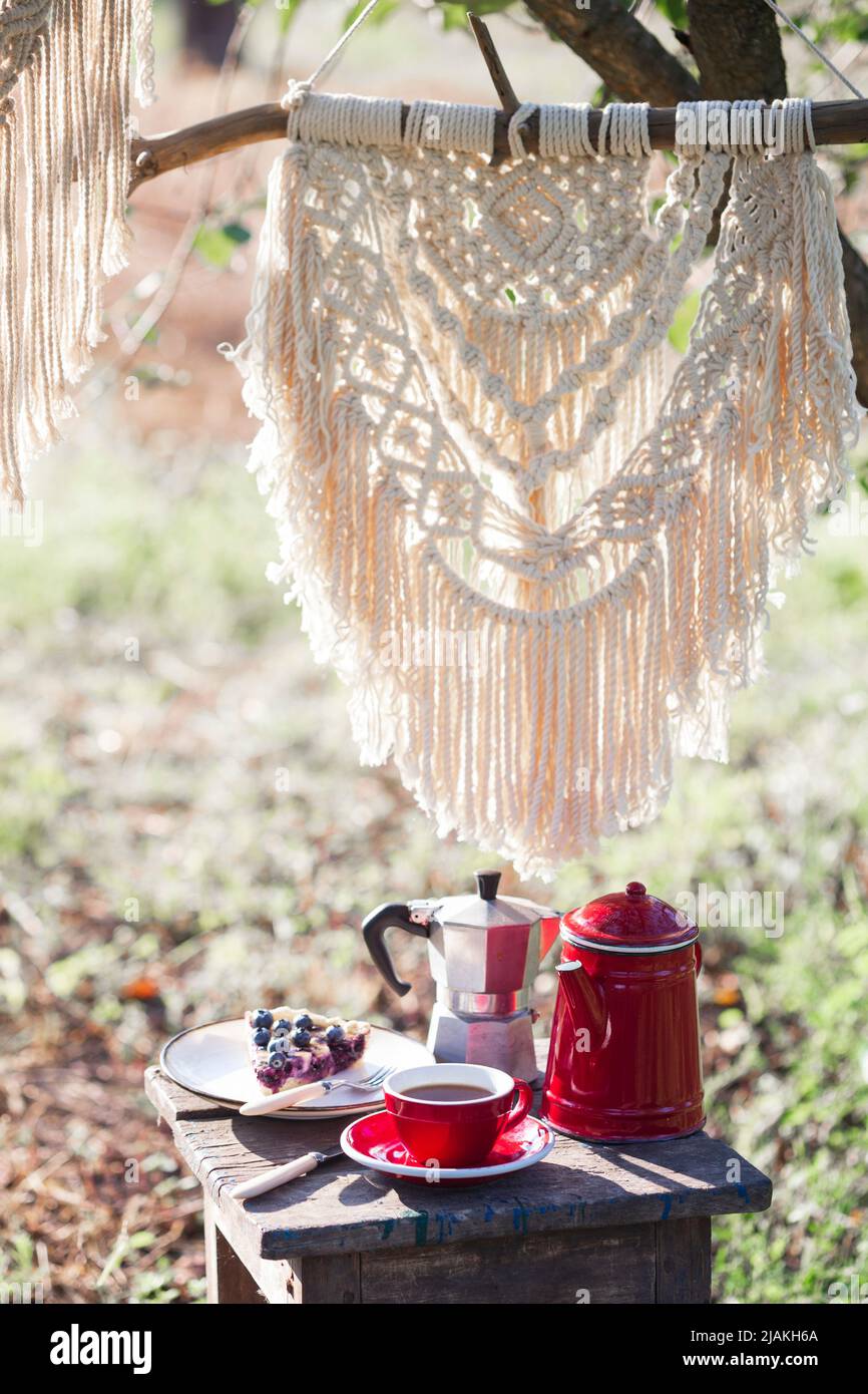 garden and tea party at the country style. still life - cup, teapot and ...