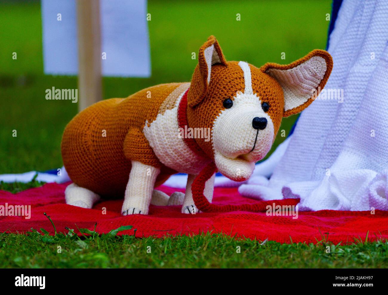 A life size knitted Queen and corgi in the village of Holmes Chapel in ...