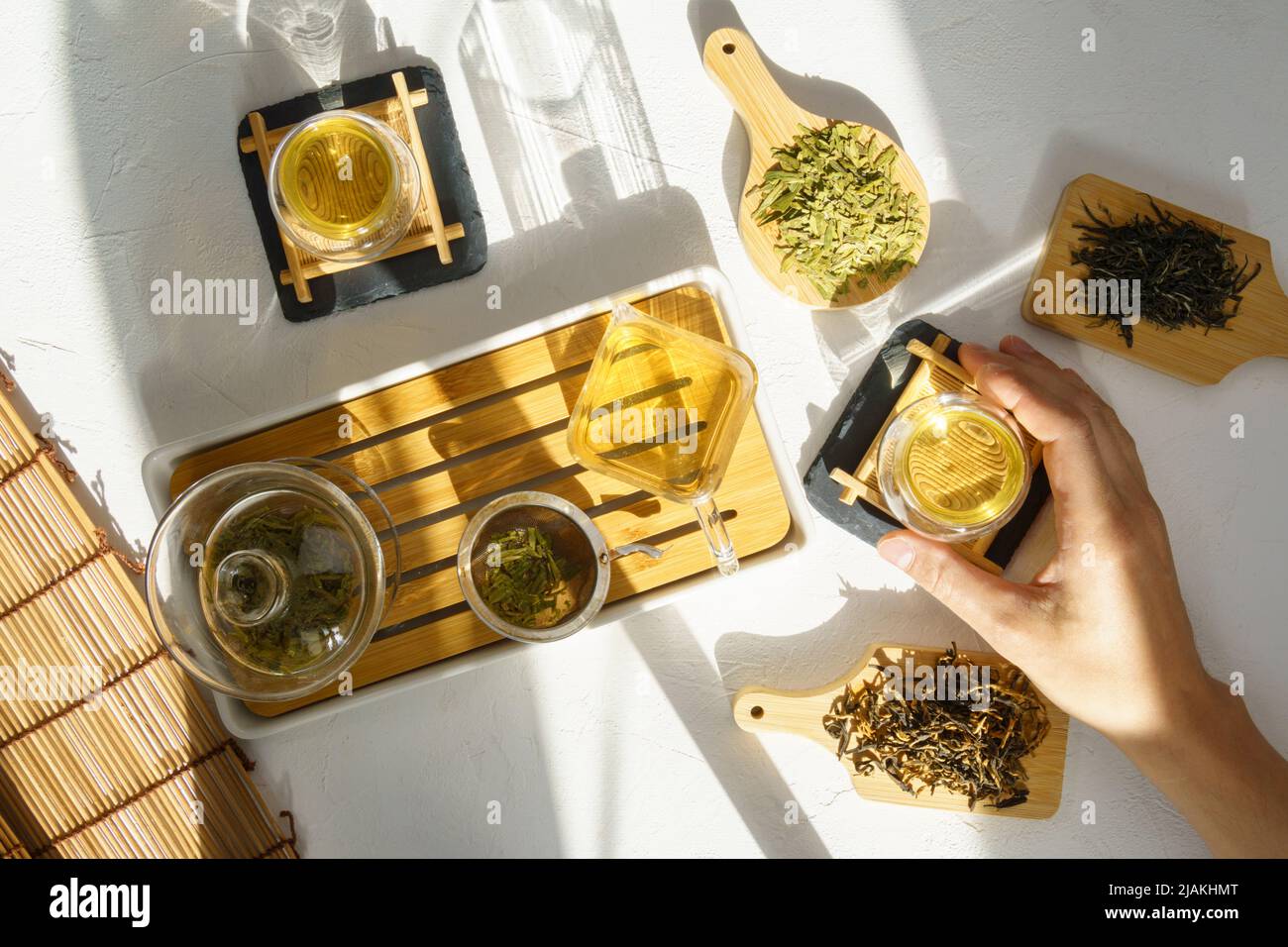 Green tea tea ceremony early in the morning. View from above. Organic ...