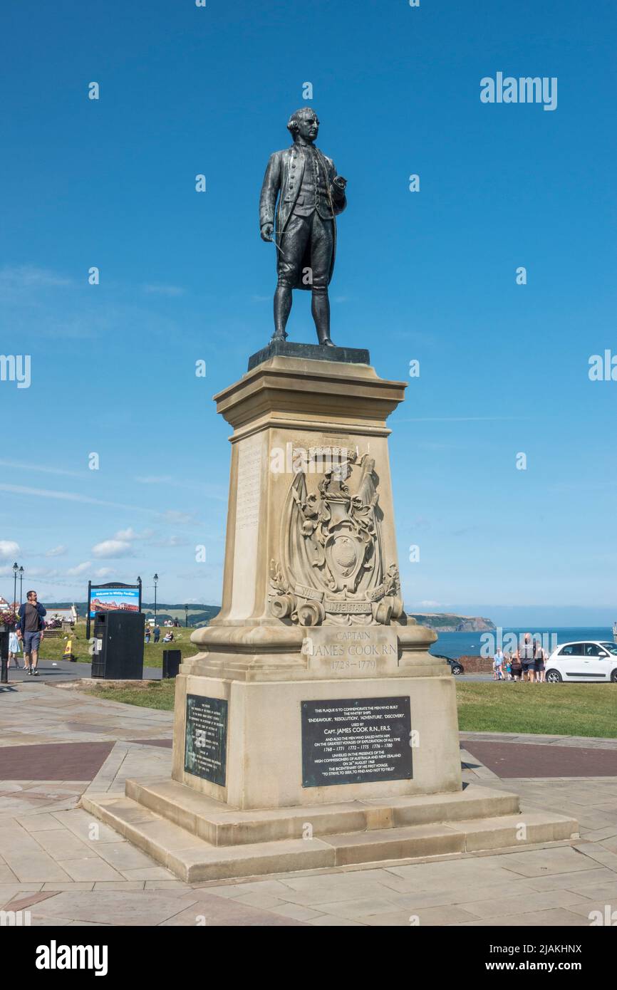 Statue of Captain Cook in front of the Royal Hotel, n Whitby, North ...