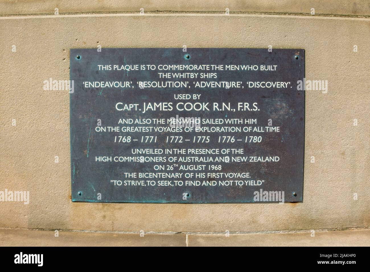 Plaque beneath the statue of Captain Cook in front of the Royal Hotel ...