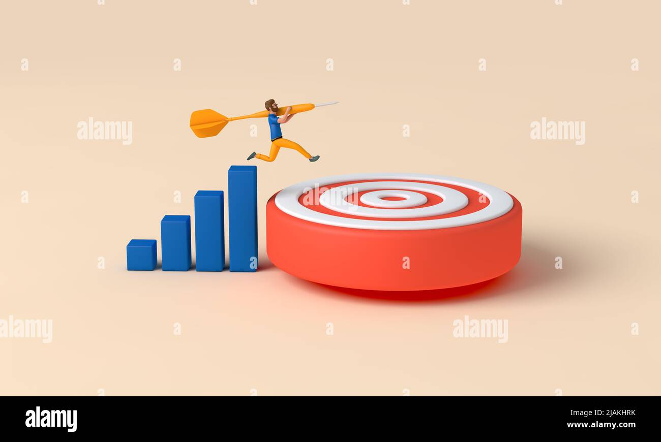 Male character throwing dart into a target. Business goals concept. 3D ...