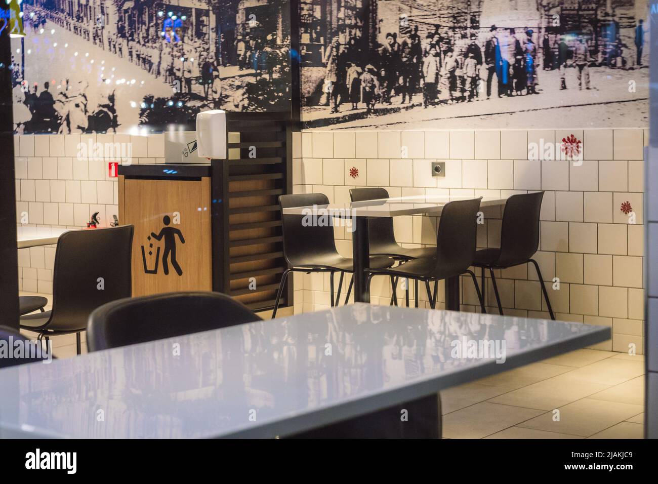 empty fast food snack bar with wooden interior wooden tables and wooden ...