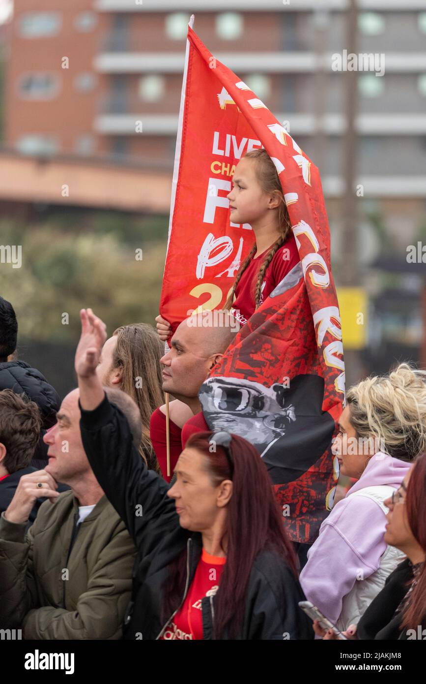 Young fan with big flag Liverpool Football Club victory parade through ...